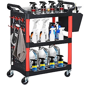 YITAHOME Auto Detailing Cart with Wheels, 3 Tier Rolling Detail Cart with Long Hanging Plate & Hooks & Hanging Bucket, Car Wash Organizer Cart for Detailers Garage, Workshop, Repair Shop, Storage Tool