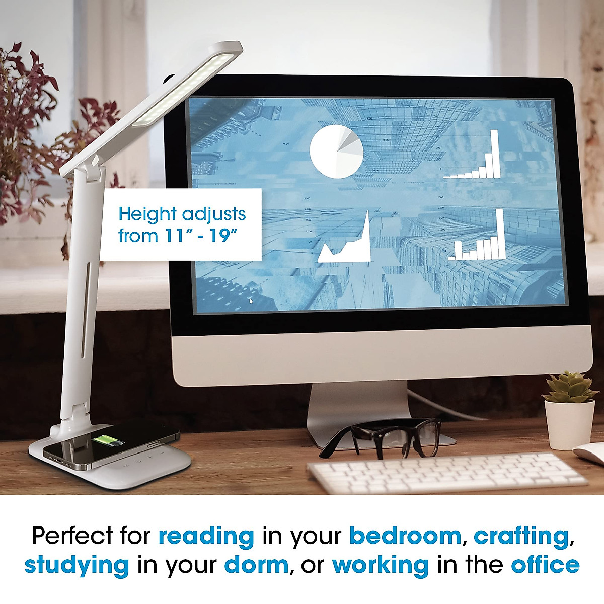 OttLite Charge Up LED Desk Lamp with Wireless Qi Charging & USB Charging Port, with ClearSun LED Technology - Adjustable Neck, 3 Color Temperature Modes, Reduces Eyestrain - Travel-Friendly Task Lamp