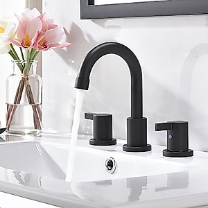 Phiestina 8 Inch 3-Hole Low-Arch 2-Handle Widespread Bathroom Faucet with Valve and Metal Pop-Up Drain Assembly,Matte Black, WF15-1-MB