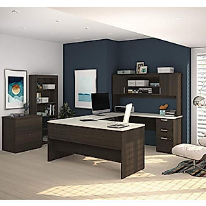 Bestar Ridgeley Executive Computer Desk with Hutch, a lateral File Cabinet, and a Bookcase, White Chocolate