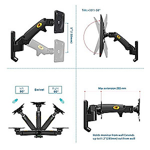 NB North Bayou TV Monitor Wall Mount Bracket Full Motion Articulating Swivel for 17-27 Inch Monitors with Gas Spring (Black Single Extension) F120-B