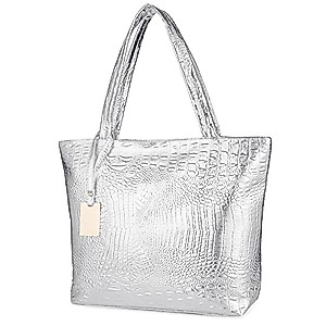 SUMGOGO Purse and Handbag for Women Crocodile Satchel Large Shoulder Tote Bag Wallets (Silver)
