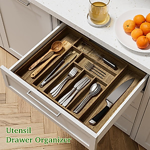 Kiasthome Acacia Wood Kitchen Silverware Drawer Organizer, Expandable Utensil Cutlery Drawer Organizer with Dividers, Flatware Organizer Silverware Tray for Spoon, Fork, 13''-21''x16.9'' (6-8 Slots)