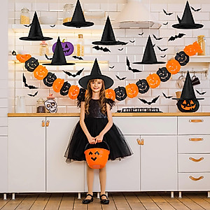 Elcoho 12 Halloween Black Witch Hats, Costume Accessories Caps, 32 3D Bat Wall Stickers for Yard Party