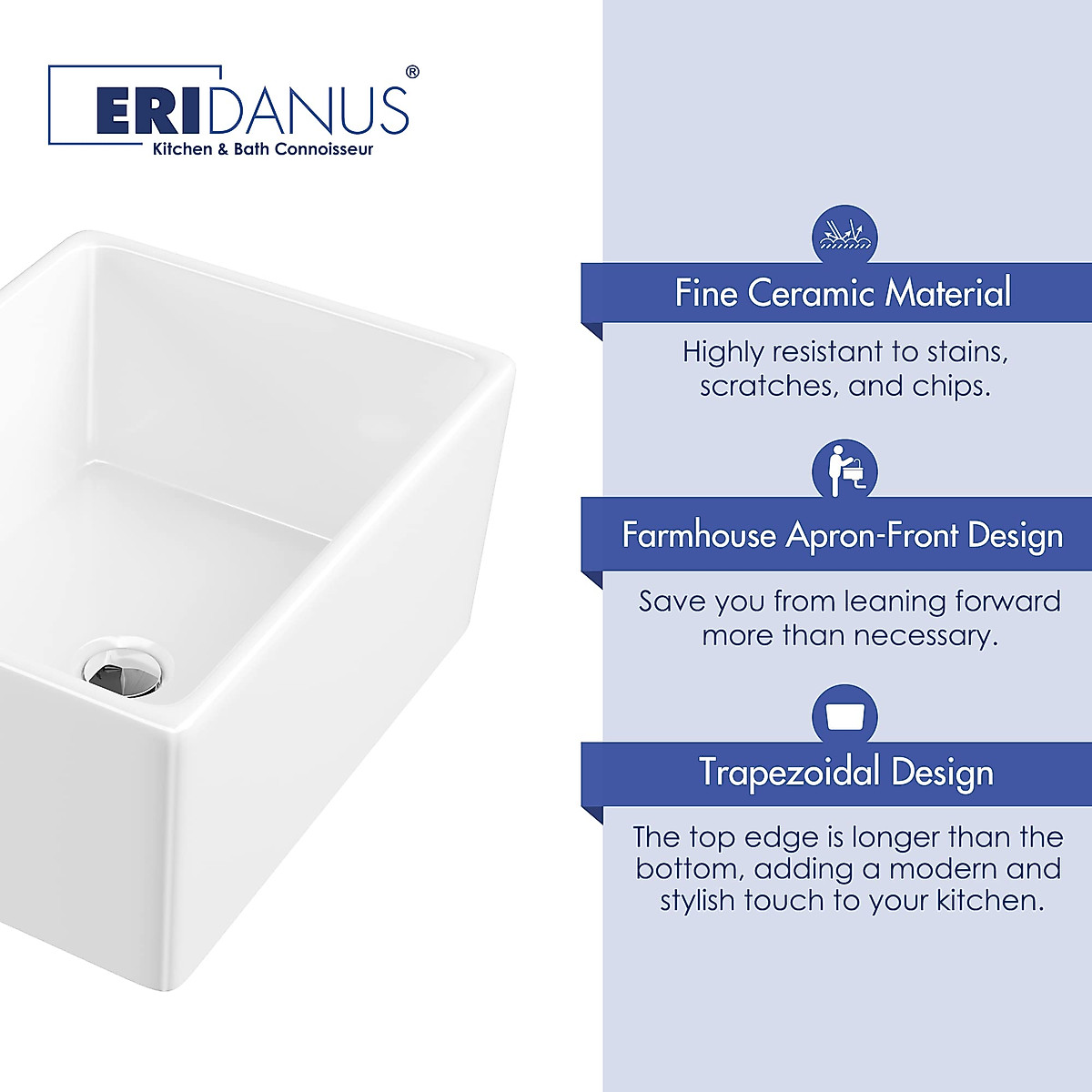 Eridanus 21 inches Kitchen Sink, Utility Farmhouse Sink, Prep and Bar Sink, Laundry Sink, 20-7/8" x 14-9/16" x 7-7/8"