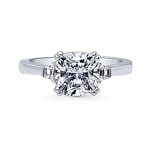BERRICLE Sterling Silver 3-Stone Wedding Engagement Rings Cushion Cut Cubic Zirconia CZ Ring for Women, Rhodium Plated Size 8