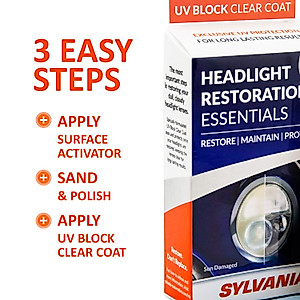 SYLVANIA - Headlight Restoration Essentials Kit - UV Block Clear Coat, Most Important Step to Restore Sun Damaged Headlights, Surface Activator, UV Protection for Clearer Headlights - 1 Fl Oz