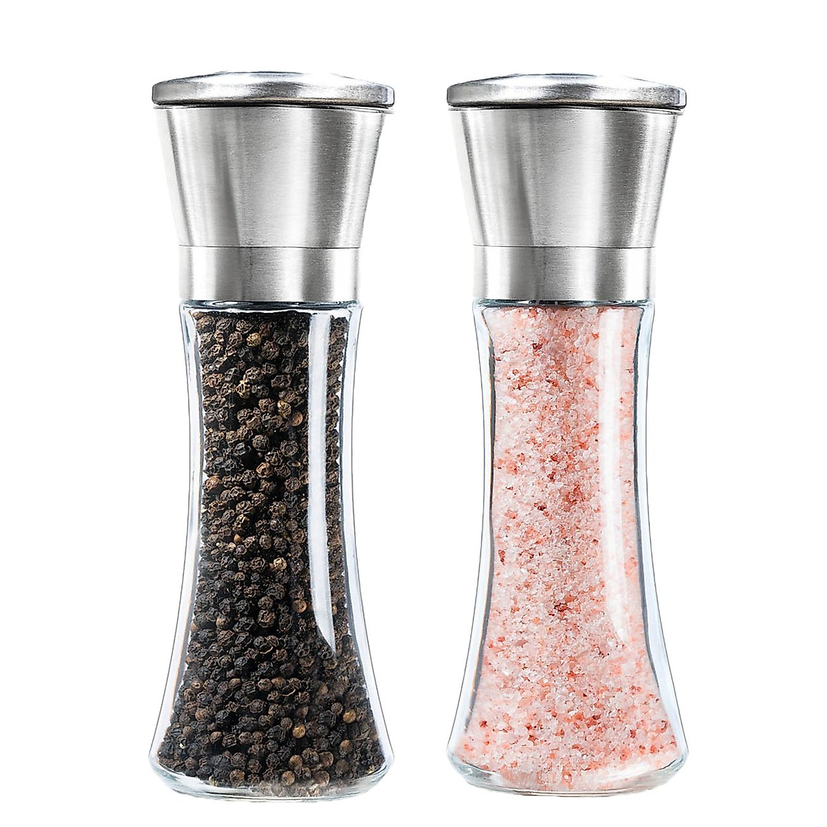 2 PCS Salt and Pepper Grinders Glass Mills Brushed Stainless Steel with Adjustable Ceramic Rotor