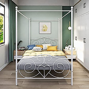 Canopy Bed Frame Platform Bed Frame Morden Design Heavy Duty Steel Slat and Support with Headboard and Footboard No Box Spring Required (Full, White)
