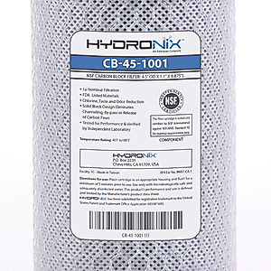 Hydronix CB-45-1001 Whole House Commercial Hydroponics RO NSF Activated Carbon Block Water Filter, 4.5" x 10", 1 Micron