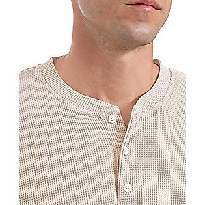 QUALFORT Men's Waffle Henley Shirt Lightweight Long Sleeve Classic Stitch Pullover Sweater Beige Large