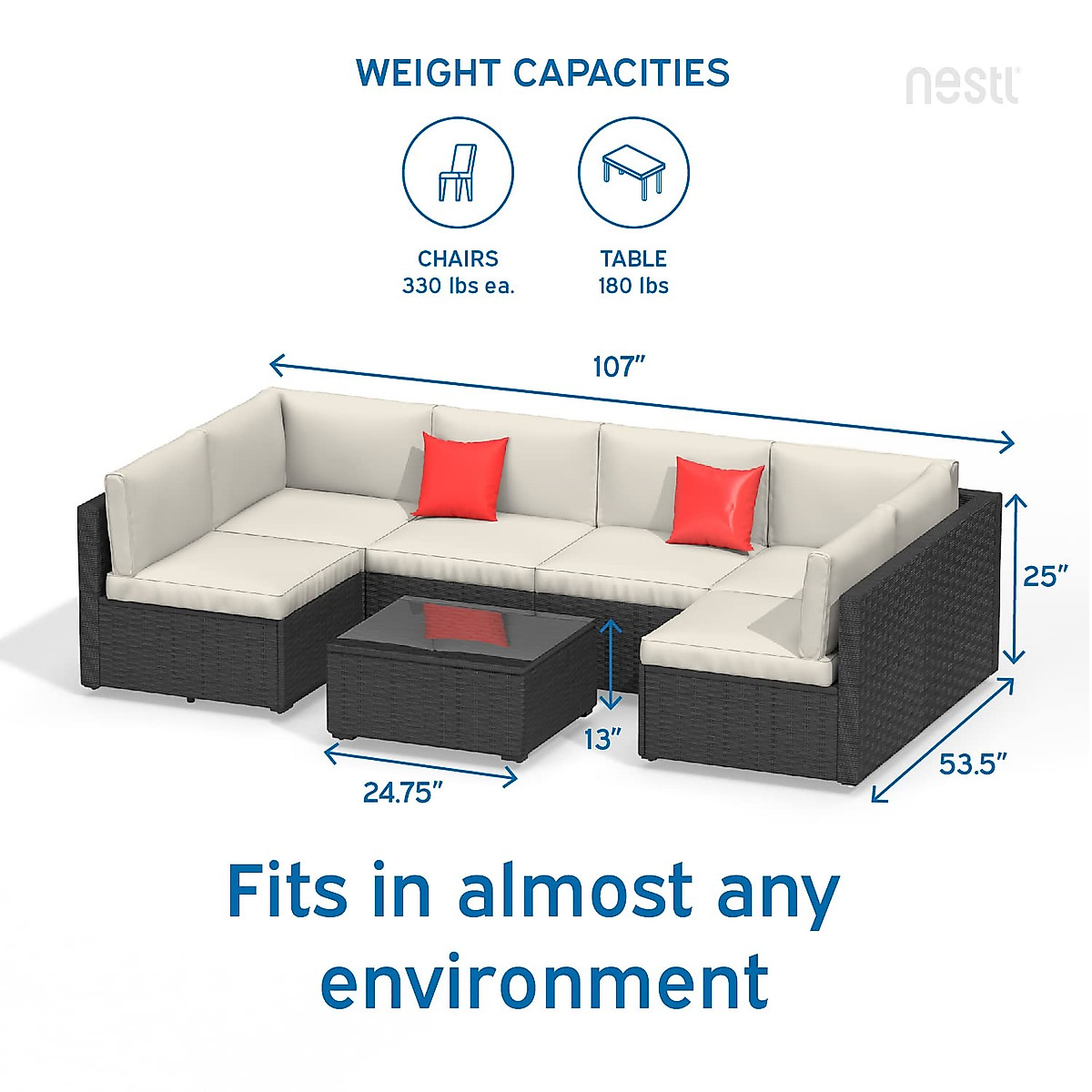 Nestl Patio Furniture Set – Outside Furniture Patio Set, 7 Piece Outdoor Patio Furniture Sets, Patio Conversation Sets with Patio Sectional, Black Wicker Patio Furniture Sets with Off White Cushions