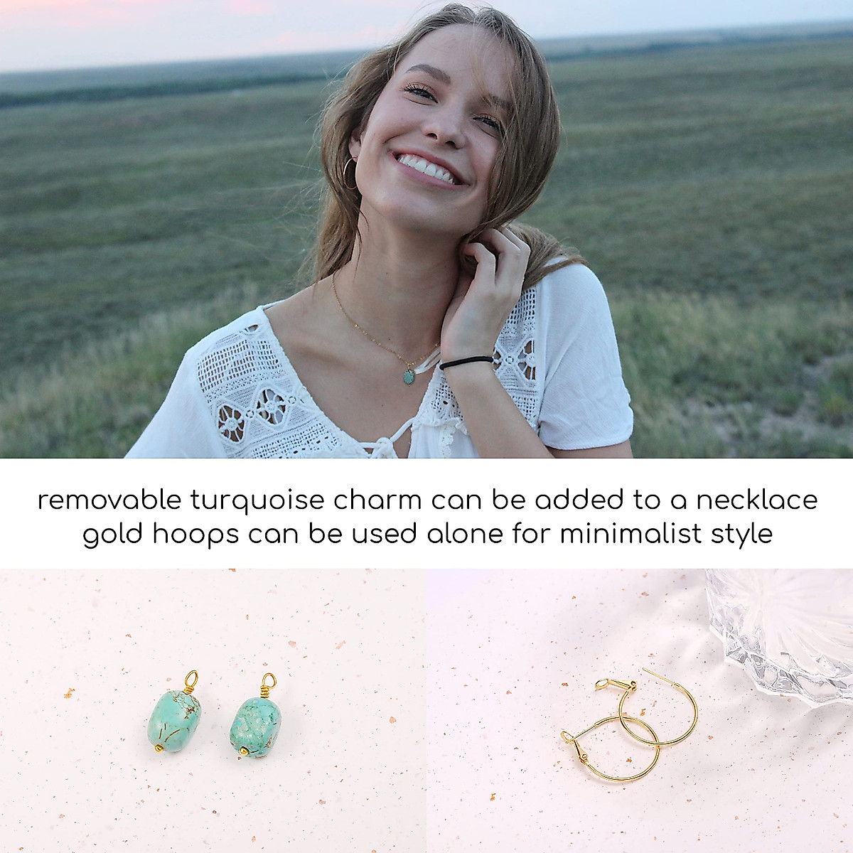 PEARLADA 18k Gold Hoop Earrings with Turquoise Charm Boho Dangle Drop Earrings Trendy Handmade Summer Jewelry