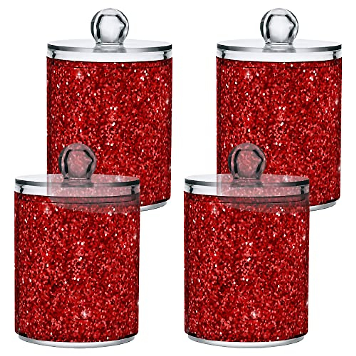 ALAZA 4 Pack Qtip Holder Dispenser Red Glitter Bathroom Organizer Canisters for Cotton Balls/Swabs/Pads/Floss,Plastic Apothecary Jars for Vanity