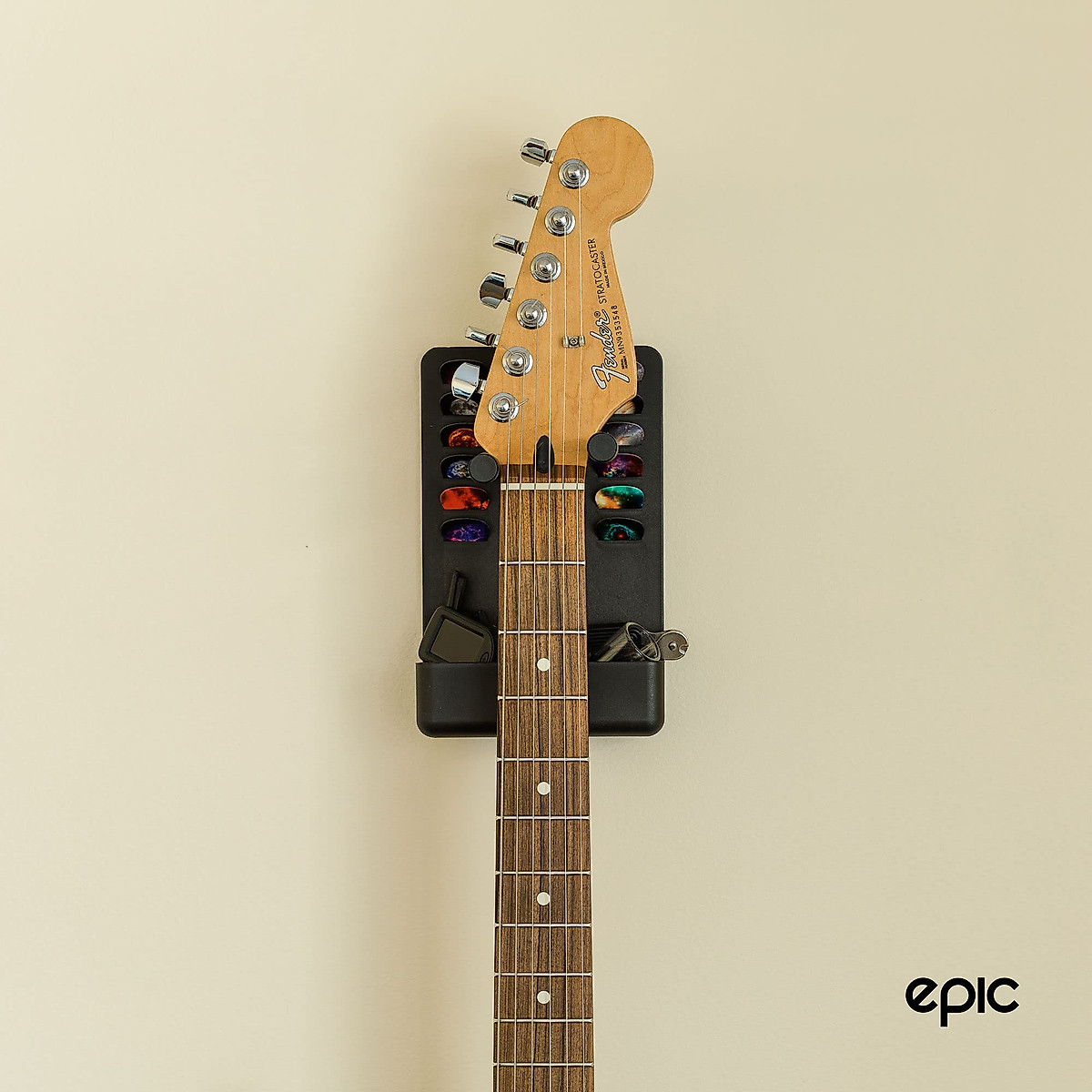 Guitar Wall Mount Hanger Black with Large Storage Compartment Shelf for Guitar Accessories Guitar Mount Guitar Holder Guitar Shelf Guitar Hooks for Wall No Drill Guitar Hanger