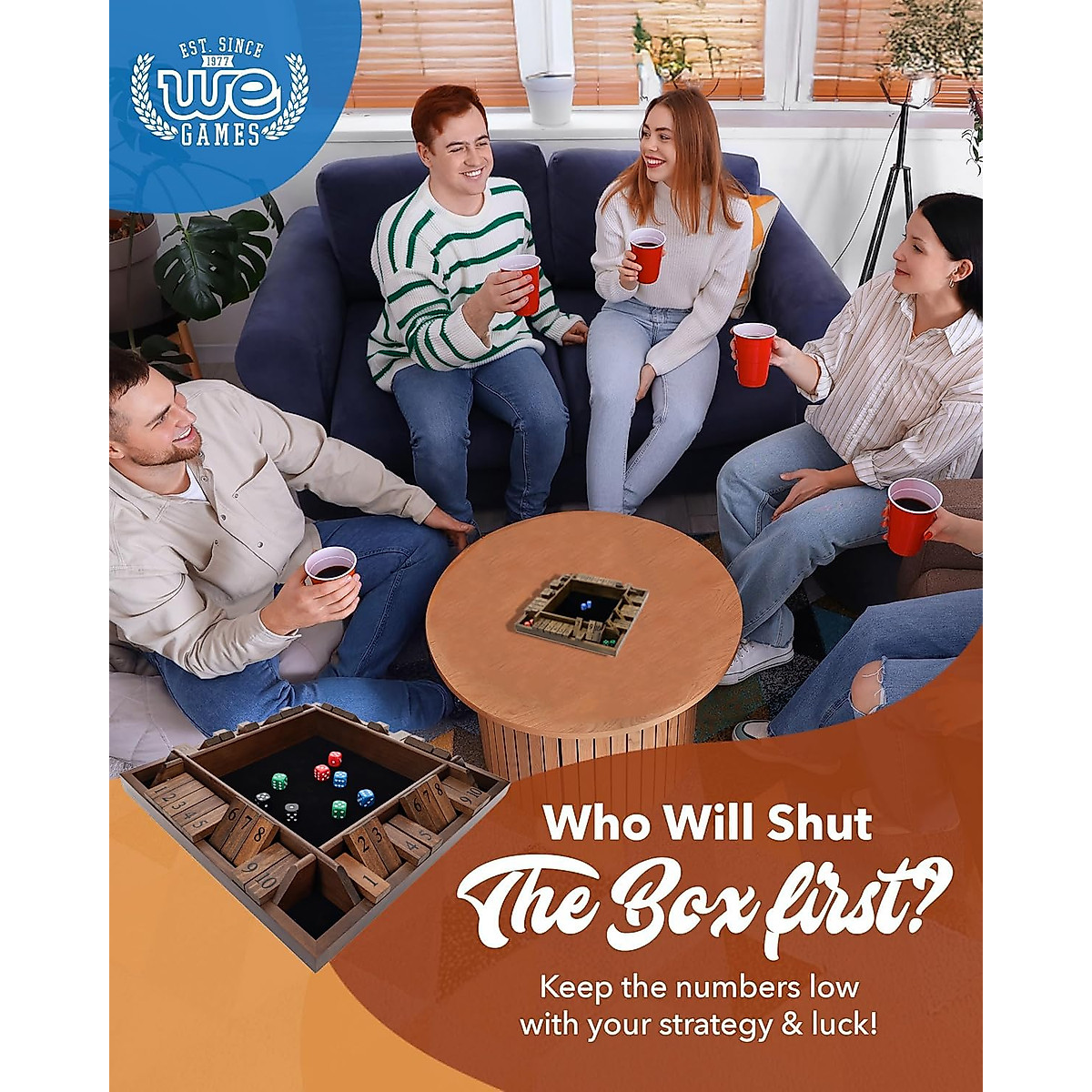 WE Games Shut The Box Wooden Board Game - Classic 4 Player Table Top Math Dice Game, Walnut Stained Wood, 8.5 inch Travel Size, 10 Numbers, for Families and Adults