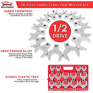 BILITOOLS 14-Piece Jumbo Crows Foot Wrench Set, 1/2" Drive Big Crowfoot Wrench, Metric, 27-50 mm, CR-V Steel