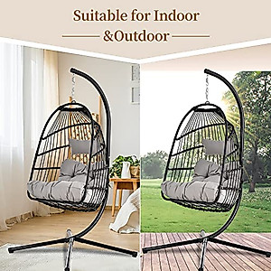 Patio Foldable Swing Chair with Cushion, PE Wicker Egg Hanging Chair w/Stand, Hammock Chair for Outdoor Balcony Indoor Bedroom (Black+Gray-2)