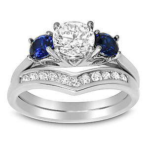 LaRaso & Co His Hers Sterling Blue Sapphire CZ Bridal Wedding Band Engagement Ring Set Him Her Thin Blue Line
