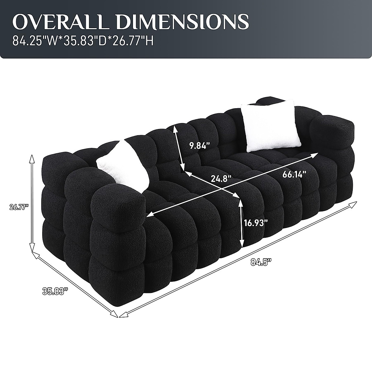 OUYESSIR 84" Modern Teddy Cloud Sofa for Living Room, Comfy Boucle Tufted 3-Seater Standard Sofa, Upholstery Decor Futon Couch with 2 Pillows for Apartment Bedroom, Black