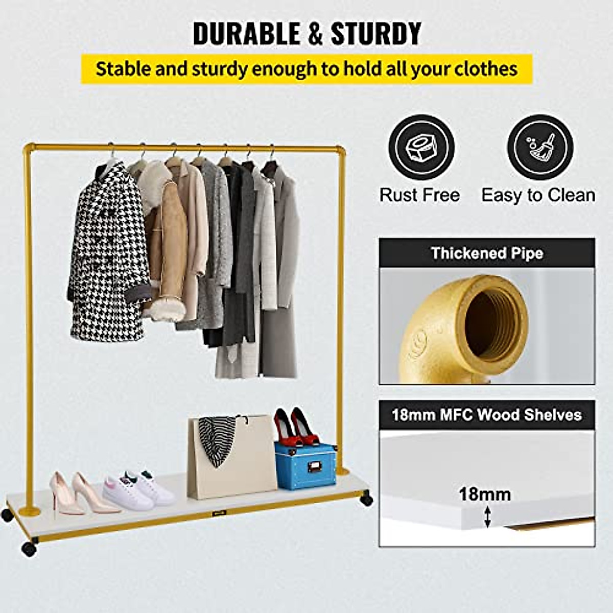 VEVOR Clothing Garment Rack, 59.1" x 14.2"x 63.0", Heavy-duty Clothes Rack w/Bottom Shelf, 4 Swivel Casters, Sturdy Steel Frame, Rolling Clothes Organizer for Laundry Room Retail Store Boutique, Gold