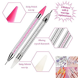 8 In 1 Pack, 2 Dual-ended Wax Pen for Rhinestone Picker Dotting Pen Wax Pencil for DIY Nails Art, 4 Wax Tip Rhinestone Pen Applicator Gem Jewel Picker Tool, Pickup Tweezer, 500 Crystals Rhinestones.