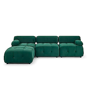 ERYE DIY Combination w/3 Single Seats and Movable Ottoman, Modern Convertible Modular Sofa & Couch Cloud Deep Seater Sofá, 93", Green Velvet Button Tufted