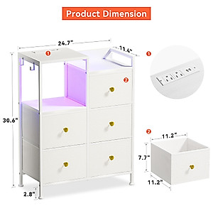 YILQQPER Dresser for Bedroom, Dresser with Led Light and Charging Station, Fabric Dressers&Chests of Drawers with 5 Drawers and Shelf, Storage Unit Organizer Tower, White