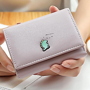 YaJaMa Cute Dinosaur Metal Badge Women Wallet PU Leather Small Slim Trifold Girls Credit Card Case Holder Organizer Purse with ID Window (Purple)