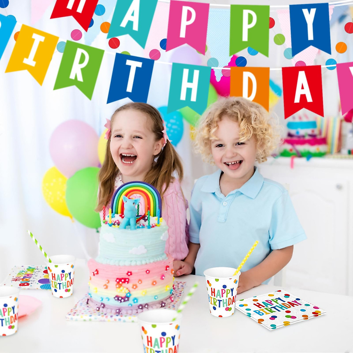 Happy Birthday Decorations: Happy Birthday Party Supplies Set with Birthday Dots Design- Includes Disposable Paper Birthday Plates and Napkins, Cups, Tablecloth, and Banner for Boys/Girls, Serves 25.