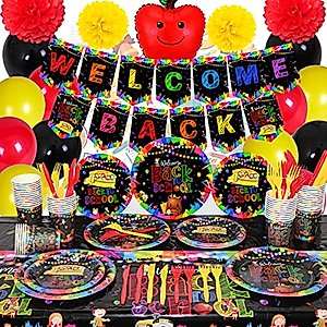 Welcome Back to School Decorations-School Bus Party Supplies Cutlery Set Back to School Banner, Back to School Tablecloth, School Bus Plate for Bus Wheel Parties School Bus Themed Party (BLACK)