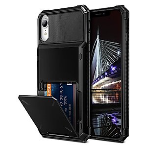 Vofolen for iPhone XR Case Wallet ID Slot Credit Card Holder Spring Pocket for Men Women Scratch Resistant Dual Layer Protective Bumper Rugged TPU Rubber Armor Hard Shell Cover for iPhone XR 10R Black