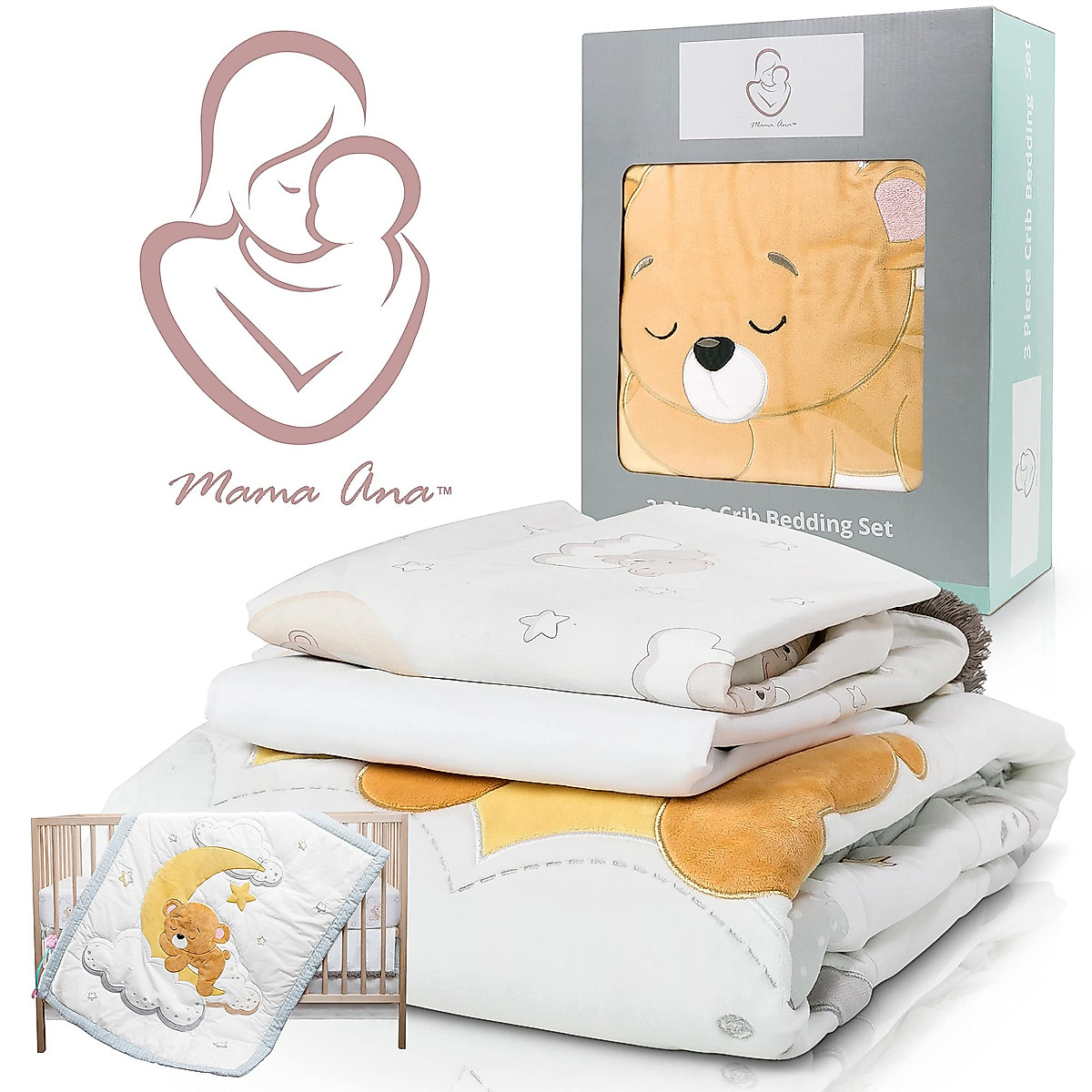 Mama Ana - Premium Quality 100% Cotton Crib Bedding Set for Baby Boys and Girls, 3-Piece Nursery Including Baby Comforter, Fitted Crib Sheet, and Adjustable Crib Skirt with Zipper