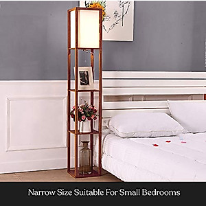 Brightech Maxwell - Modern Shelf Floor Lamp with Lamp Shade and LED Bulb - Corner Display Floor Lamps with Shelves for Living Room, Bedroom and Office - Walnut Brown