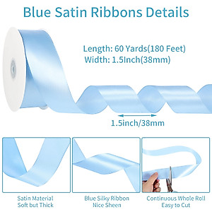 Blue Ribbon 60 Yards 1 1/2 Inch Light Blue Ribbon Baby Blue Satin Ribbon for Flower Bouquet Gift Wrapping Baby Shower Bows Craft Wedding Easter Graduation Decor