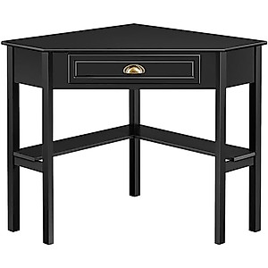 Yaheetech Wood Triangle Computer Desk Corner Table with Large Drawer & Storage Shelves, 90 Degrees Writing Desk Laptop PC Table for Home Office, Study Workstation for Small Space, Black