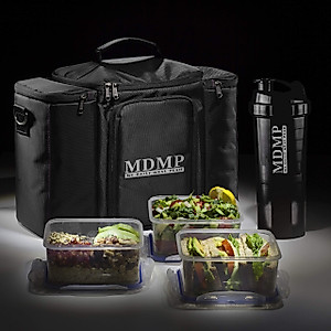 Meal Prep Lunch Bag / Box For Men, Women + 3 Large Food Containers (45 Oz.) + 2 Big Reusable Ice Packs + Shoulder Strap + Shaker With Storage. Insulated Lunchbox Cooler Portion Control Set (Black)