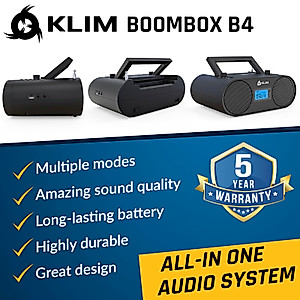 KLIM® Boombox B4 CD Player Portable Audio System - New 2024 - AM/FM Radio with CD Player MP3 Bluetooth AUX USB - Wired & Wireless Mode Rechargeable Battery - Remote Control Autosleep Digital EQ