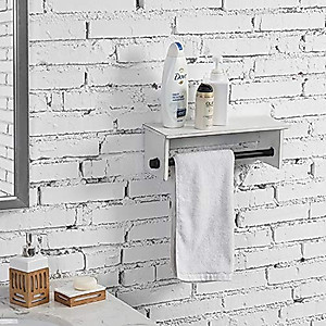 MyGift Wall Mounted Vintage White Wood Bathroom Display Shelf with Black Metal Industrial Pipe Towel Bar, Kitchen Paper Towel Holder