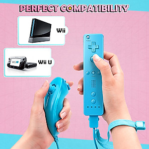 PGYFDAL Wii Controller 2 Pack, Wii Remote Controller and Nunchuck Joystick with Silicone Case and Wrist Strap for Holiday (Pink and Blue)