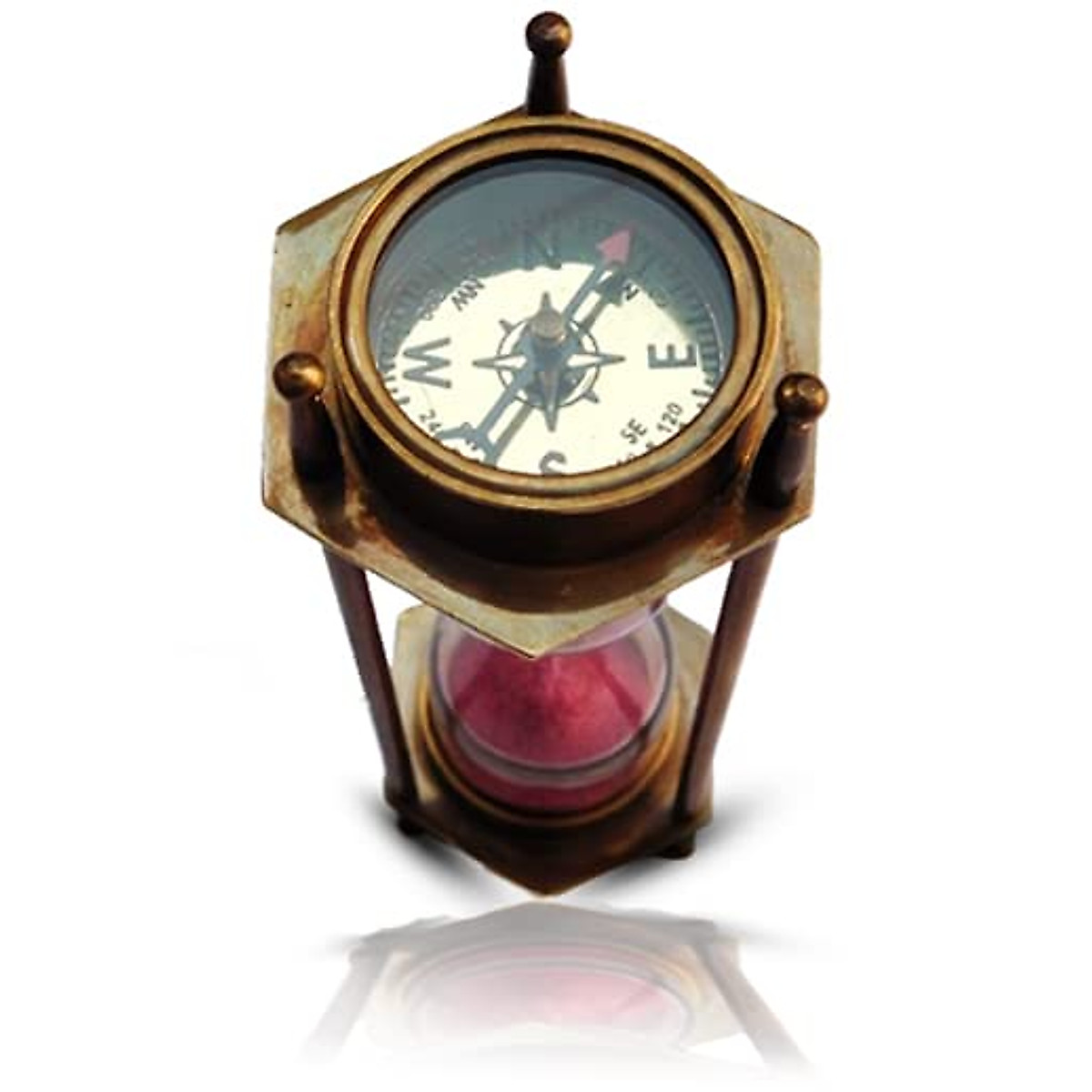 MERIDIAN NAUTICALS 6" Hand Made Solid Brass Decorative Sand Timer 3 min Hour Glass with Fully Functional Compasses