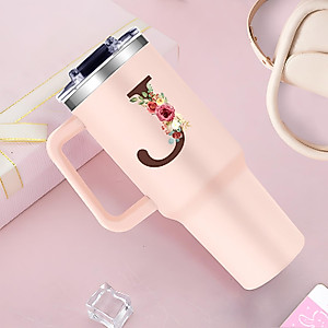 Monogrammed 40oz Tumbler with Handle for Women, Personalized Birthday Gifts for Women,Initial Cups for Girl Floral Letter J,Customized Gifts for Woman Lady Gift for Mothers Day Christmas