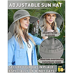 Wide Brim Sun Hat with Neck Flap, UPF 50+ Hiking Safari Fishing Caps for Men and Women Gray