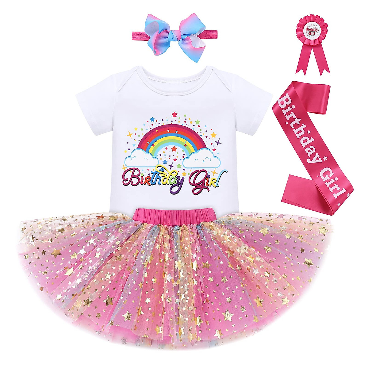 Rainbow Unicorn 1st 2nd 3rd Birthday Girl Outfit Baby Romper Tutu Skirt Headband Sash Badge 5PCS Princess Bowknot Tutu Dress up Clothes Set for Cake Smash Photo Shoot Hot Pink - Rainbow 3 Years
