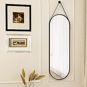 HARRITPURE 16"x48" Oval Hanging Mirror with Leather Strap Full Length Mirror Aluminum Frame Wall-Mounted Hanging Mirrors for Bathroom Vanity Living Room Bedroom Entryway Decor