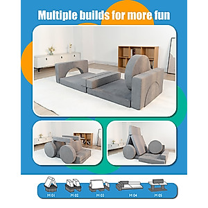 Manlilai Kids Sofa Couch 15PCS - Modular Toddler Play Couch with Removable Cover, Multifunctional Kids Couch for Playroom Bedroom - Convertible Foam Toddler Sofa for Girls and Boys (Gray)