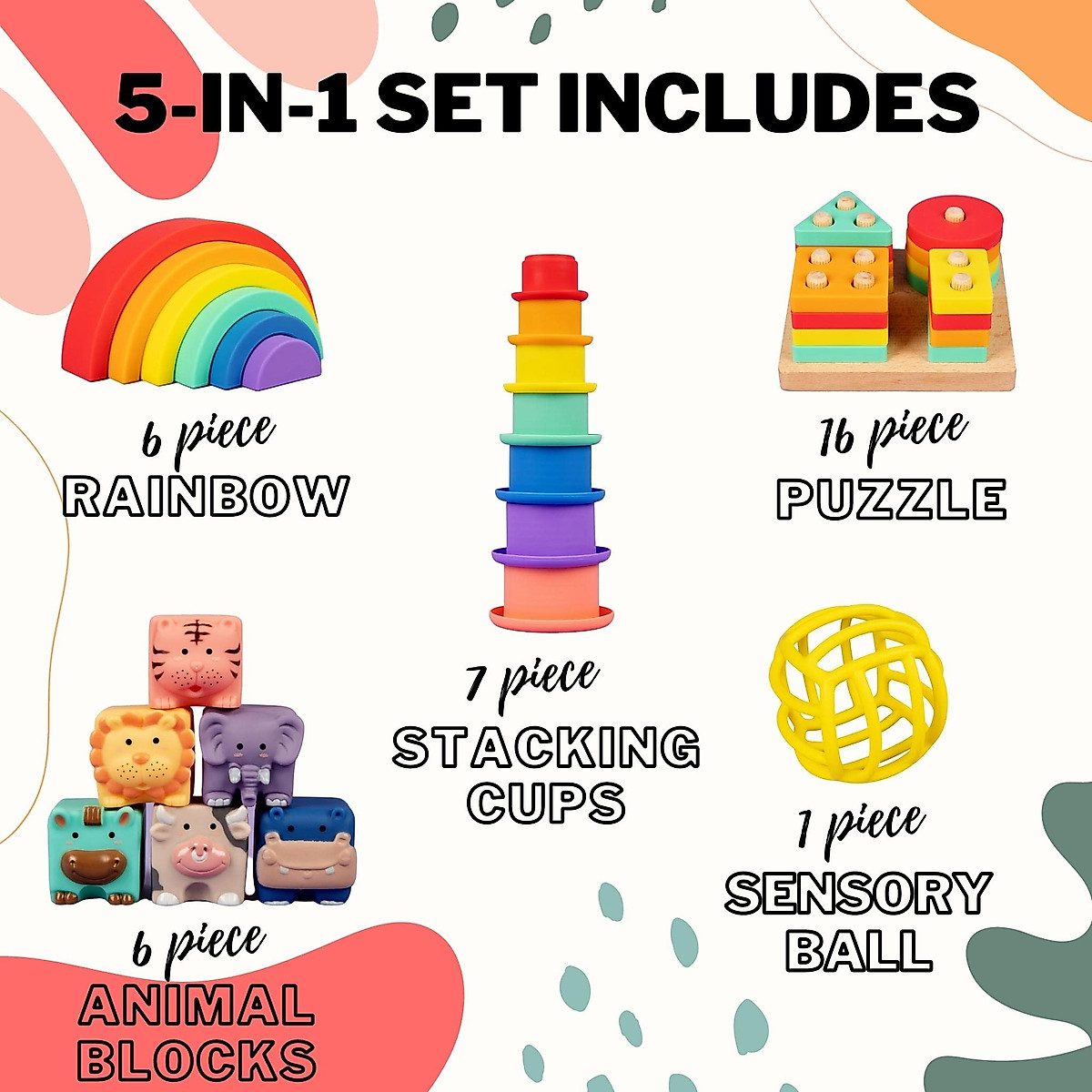 Mac & Friends 5-in-1 Montessori Toy Set Designed by Parents | Great Gift for Baby Shower, New Sibling or Birthday Party | Educational Soft Sensory Toys for 0 Months to 3+ Years