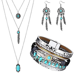 3 Pcs Western Jewelry for Women Bohemian Turquoise Set Turquoise Pendant Necklace Western Dangle Earrings Turquoise Bracelet(Cute Style)