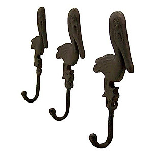 Wowser Rustic Brown Cast Iron Pelican Wall Hooks, Set of 3, 7 1/2 Inch