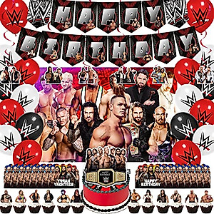 Wrestling Birthday Party Decorations, Wrestling Party Supplies Set Include Banners, Cake Topper, Cupcake Toppers, Balloons, Hanging Swirls, Invitation Cards, Background, Boxing Match Birthday Party Decorations for Boys